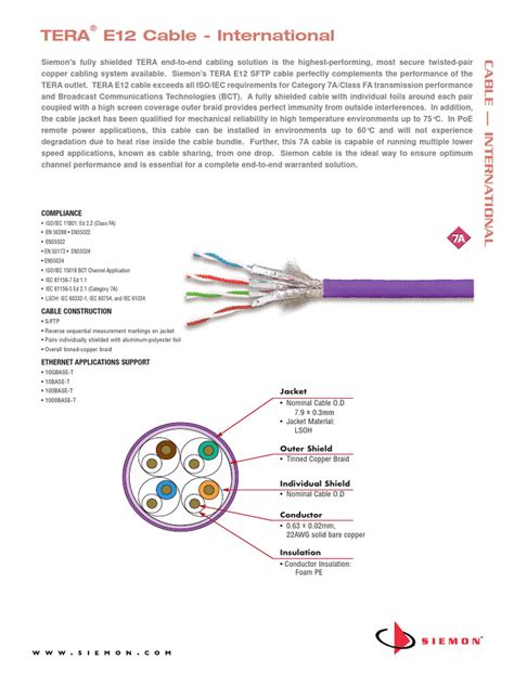 Siemon Tera E12 Cable International Spec Sheet Download Free Pdf