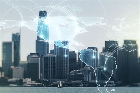 샌프란시스코 사무실 건물 배경 빅 데이터 및 블록 체인 개념에 대한 연결과 추상적 인 디지털 월드 맵 홀로그램의 이중 노출 0명에 대한 스톡 사진 및 기타 이미지 Istock