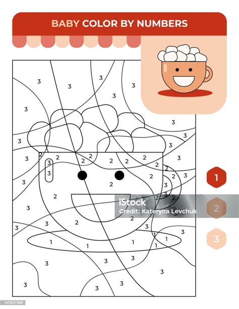 어린이를위한 숫자 색칠 공부 게임 미소와 마시멜로가있는 뜨거운 코코아 가을 어린이 게임 0명에 대한 스톡 벡터 아트 및 기타