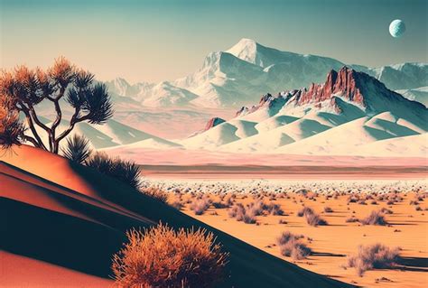 Bela Fotografia De Um Deserto Com Um Pico Distante Coberto De Neve E Um Céu Nebuloso Foto Premium