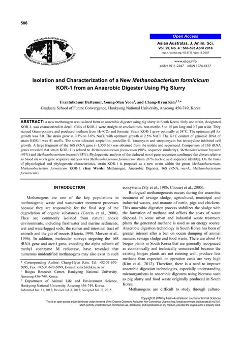 Pdf Isolation And Characterization Of A New Methanobacterium Formicicum Kor 1 From An