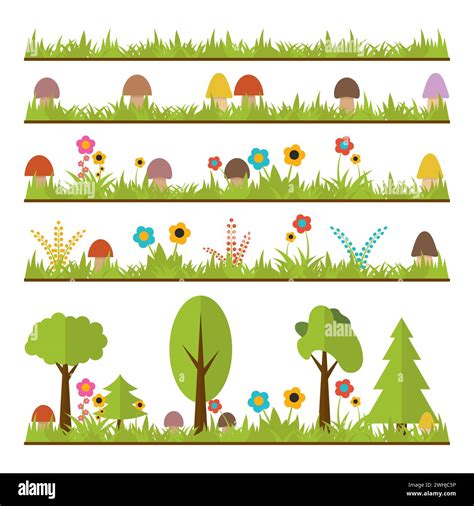 Set Of Flat Forest Design Elements Mushrooms Grass Berries Trees