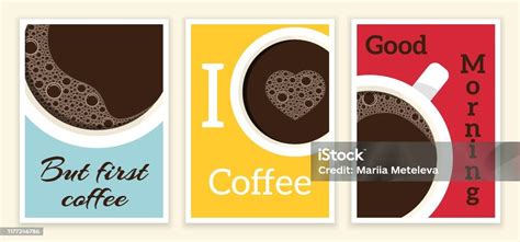 포스터 광고 Flayers에 대 한 커피 일러스트 의 집합입니다 나는 커피를 사랑하지만 첫 번째 커피와 좋은 아침 텍스트 검은색에 대한 스톡 벡터 아트 및 기타 이미지