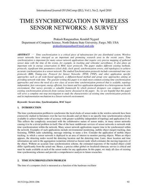 Time Synchronization In Wireless Sensor Networks A Survey Pdf