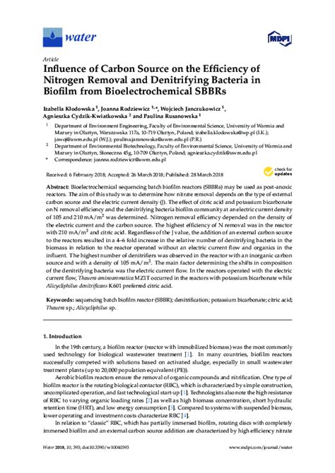 Pdf Influence Of Carbon Source On The Efficiency Of Nitrogen Removal