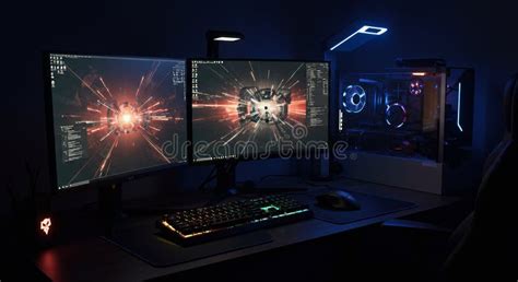 Night Gaming Setup Rgb Lit Pc And Triple Monitors Stock Illustration Illustration Of Graphics