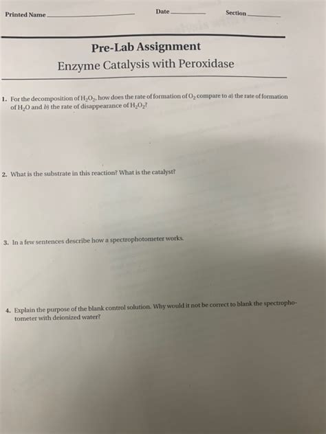 solved printed name date section pre lab assignment enzyme