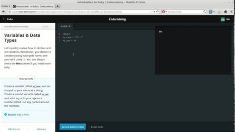 Codecademy Introduction To Ruby 1316 Variables And Data Types Youtube