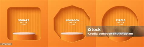 정사각형 Nonagon 및 원형 창 벽 장면에서 사실적인 3d 흰색 주황색 실린더 연단 받침대 세트 추상 스튜디오 룸 파스텔