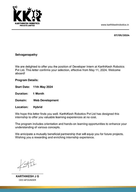 selva ganapathy on linkedin karthikeshrobotics internship webdevelopment kkr