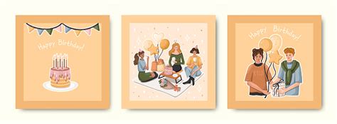 선물 교환 케이크 피크닉 파티 풍선 선물이 들어있는 쾌활한 생일 엽서 세트 손으로 그린 벡터입니다 귀여운에 대한 스톡 벡터 아트 및 기타 이미지 Istock