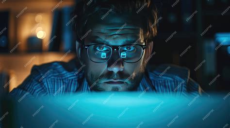 Premium Photo Portrait Of A Man With Glasses Lit By The Blue Light Of