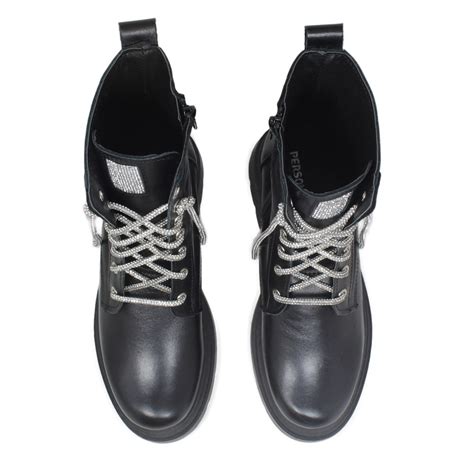 Military Boots With Strass Laces Woman Genuine Leather Black Made In Italy