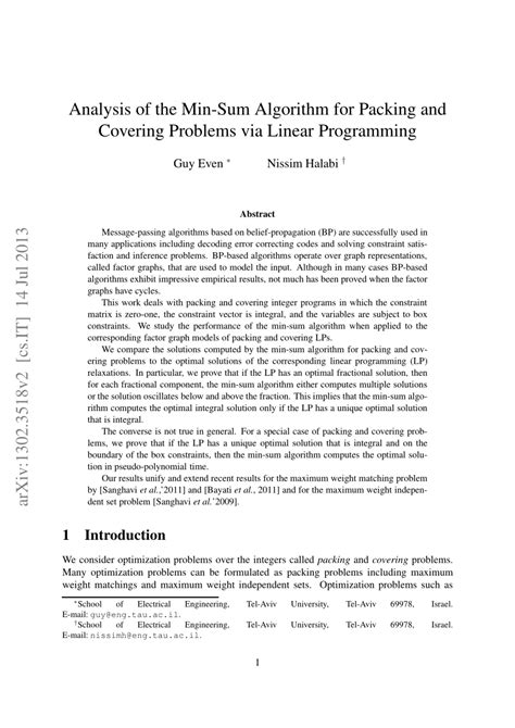 Pdf Analysis Of The Min Sum Algorithm For Packing And Covering