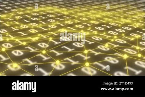 Binary Code And Network Connections Animation Over Yellow Glowing Nodes