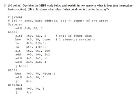 Solved 8 10 Points Decipher The Mips Code Below And