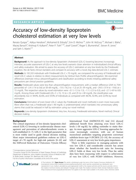 Pdf Accuracy Of Low Density Lipoprotein Cholesterol Estimation At Very Low Levels
