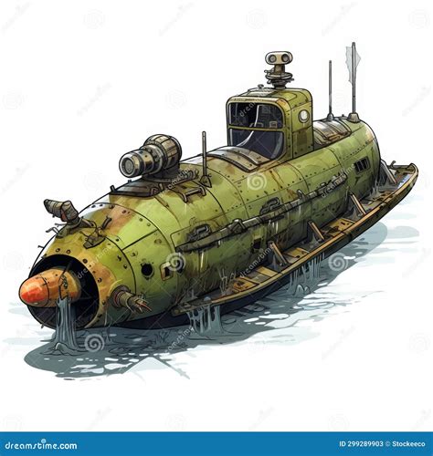 Rusting Submarine Detailed Character Design Inspired By Colorful Moebius Stock Illustration