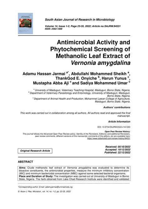 Pdf Antimicrobial Activity And Phytochemical Screening Of Methanolic Leaf Extract Of Vernonia
