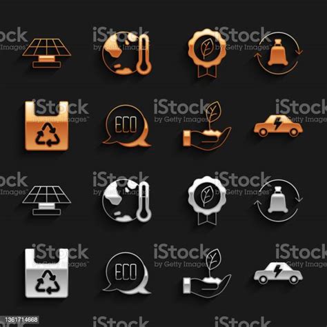 세트 리프 에코 기호 재활용 쓰레기 봉투 전기 자동차 손에 공장 쇼핑 태양 에너지 패널과 지구 온난화 아이콘에 녹아 벡터 검은색에 대한 스톡 벡터 아트 및 기타 이미지