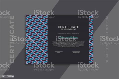 졸업 또는 과정 완료를위한 트렌디 한 비즈니스 디플로마 모형 현대적인 최소한의 기하학적 패턴을 가진 감사의 수평 인증서 어두운 템플릿 벡터 배경 Eps 10 감사장에 대한