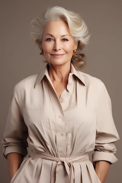 Premium Ai Image Older Woman Posing With A Tan Shirt On A Beige Background