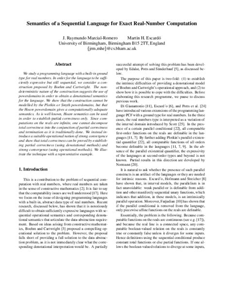 Pdf Semantics Of A Sequential Language For Exact Real Number Computation