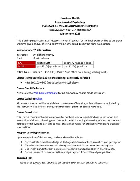 Sen Psyc Syllabus Faculty Of Health Department Of Psychology Psyc 2220 3 M Sensation And