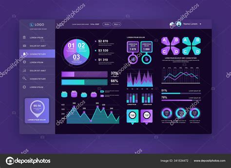 仪表板ui 。管理面板矢量设计模板与信息要素 赫德图 信息图形 ui和ux设计网页的网站仪表板。黑暗的风格矢量说明 图库矢量图©