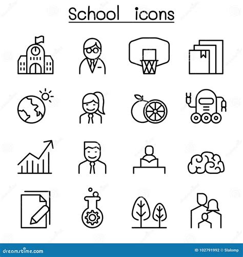 School University High School And Education Icon Set In Thin Line Stock Vector Illustration Of