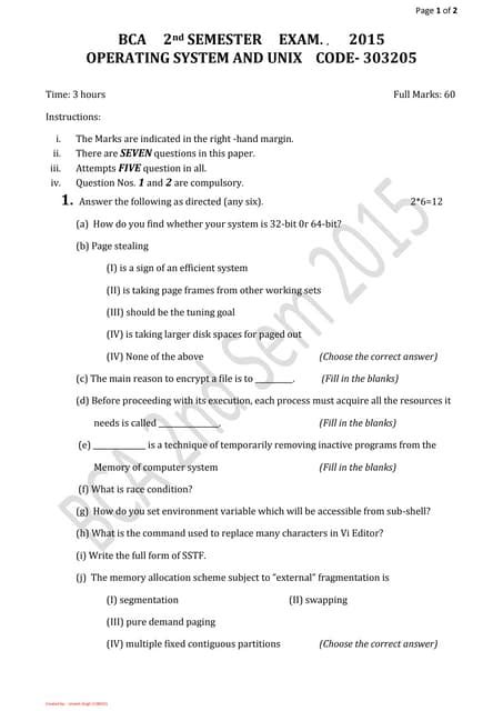 Operating System And Unix Code 303205 Bca 2nd Semester Exam 2015 Pdf Operating Systems