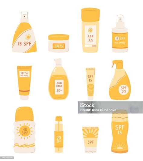 Spf로 자외선 차단제를 설정하십시오 손으로 그린 스타일의 일러스트 여름 안전 화장품 수집 피부 관리 자외선 방사선 제품 튜브