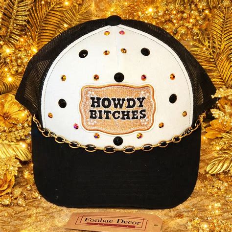 Black Rhinestone Trucker Cap Howdy Bitches Patch Pearls Bling Chain