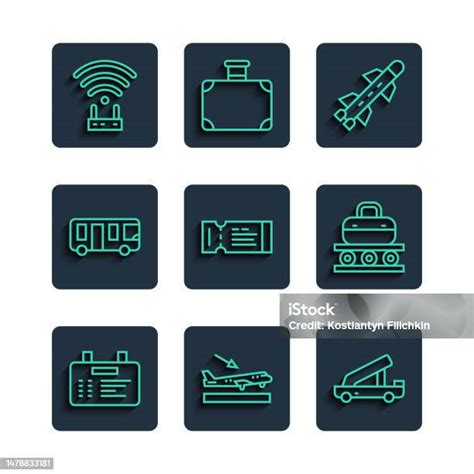 설정 라인 공항 보드 비행기 착륙 여객 사다리 로켓 항공권 버스 라우터 Wifi 신호 및 여행 가방 아이콘이있는 컨베이어 벨트