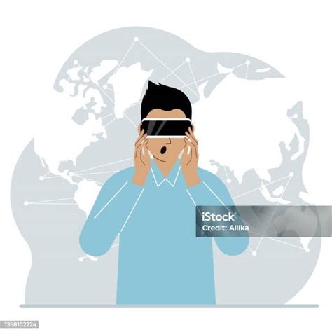 증강 또는 확장 현실의 개념 3d 안경이나 가상 현실 헤드셋을 착용한 남자 세계지도의 배경에 가상현실에 대한 스톡 벡터 아트 및 기타 이미지 Istock
