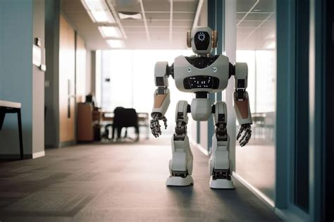 Premium Ai Image Robot Walks Down Office Corridor Generative Ai