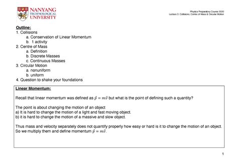 Physics Preparatory Course Lecture Notes Lecture Collisions Centre Of Mass Circular