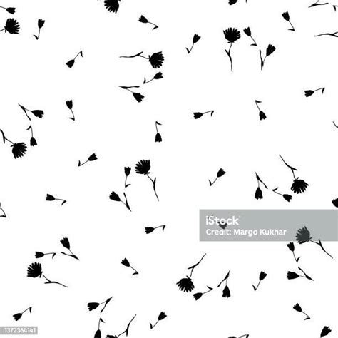 꽃 꽃 원활한 패턴을 꽃 피는 식물 모티프는 무작위로 흩어져 있습니다 흑백 벡터 패턴 디시 패션 프린트 흰색 배경에 손으로 그린 스케치 야생 초원 꽃 떠남에 대한 스톡 벡터