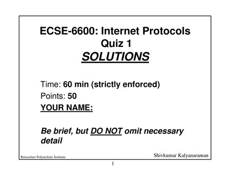 Solutions For Quiz 1 Internet Protocols Ecse 6600 Docsity