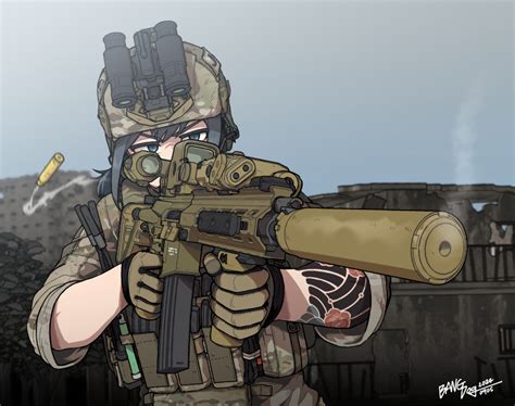 Safebooru 1girl Aiming Aiming At Viewer Arm Tattoo Assault Rifle