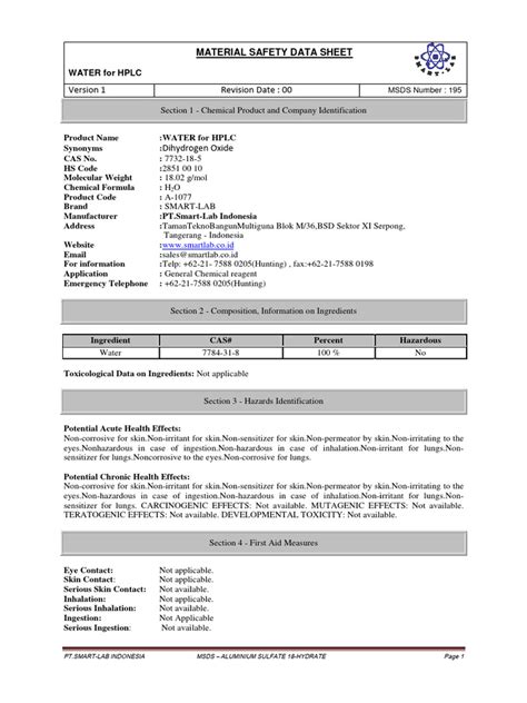Msds Water For Hplc Pdf