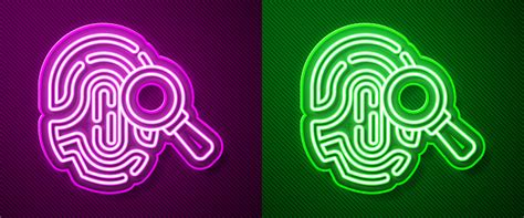 보라색과 녹색 배경에 고립 된 지문 아이콘으로 빛나는 네온 라인 돋보기 식별 기호 벡터 Criminal Investigation에 대한 스톡 벡터 아트 및 기타 이미지