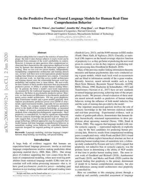 Pdf On The Predictive Power Of Neural Language Models For Human Real Time Comprehension Behavior