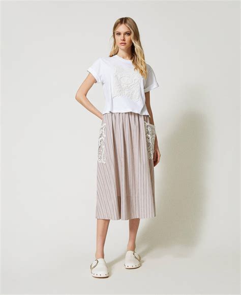 Jupe En Popeline Rayée Avec Broderie Femme Beige Twinset Milano