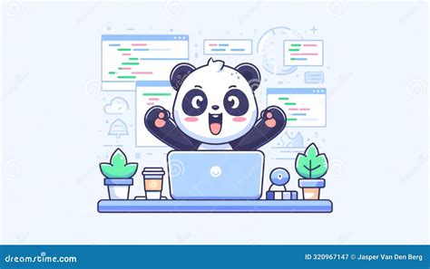Cute Panda Programmer Working On Laptop Tech And Coding Concept Stock Illustration