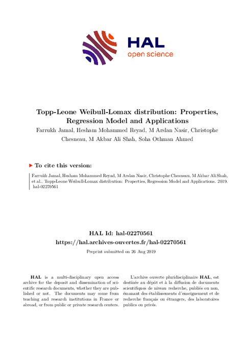Pdf Topp Leone Weibull Lomax Distribution Properties Regression Model And Applications