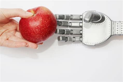 The Hand Of A Real Man Gives The Robot A Red Apple Stock Image Image Of Cars Robot 144472107