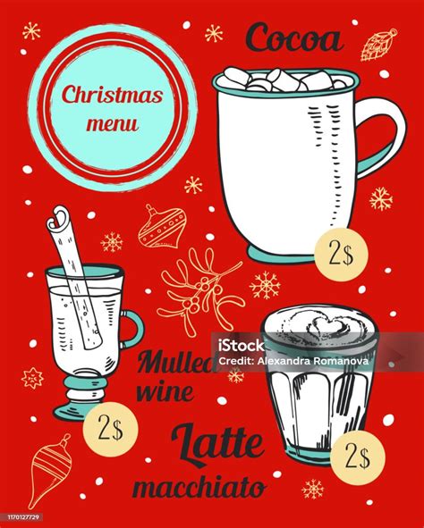 카페 메뉴 크리스마스 스페셜 디자인 템플릿입니다 다른 뜨거운 음료 새해 장식 제목 및 가격으로 손으로 그린 벡터 스케치