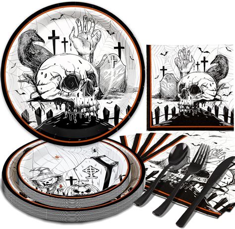 Unimall Halloween Plates And Napkins Set Halloween Party Supplies Spooky Skull Bats Spider