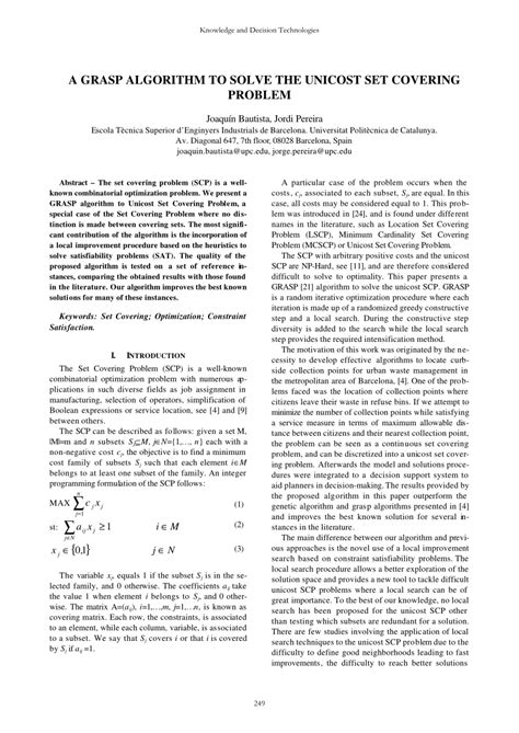 Pdf A Grasp Algorithm To Solve The Unicost Set Covering Problem